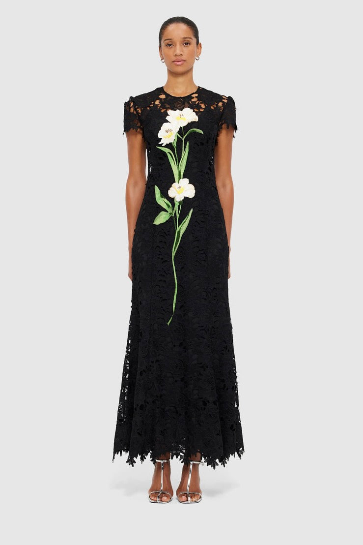Leo Lin Monique Embroidered Lace Maxi Dress - Ebony – Dress Hire AU
